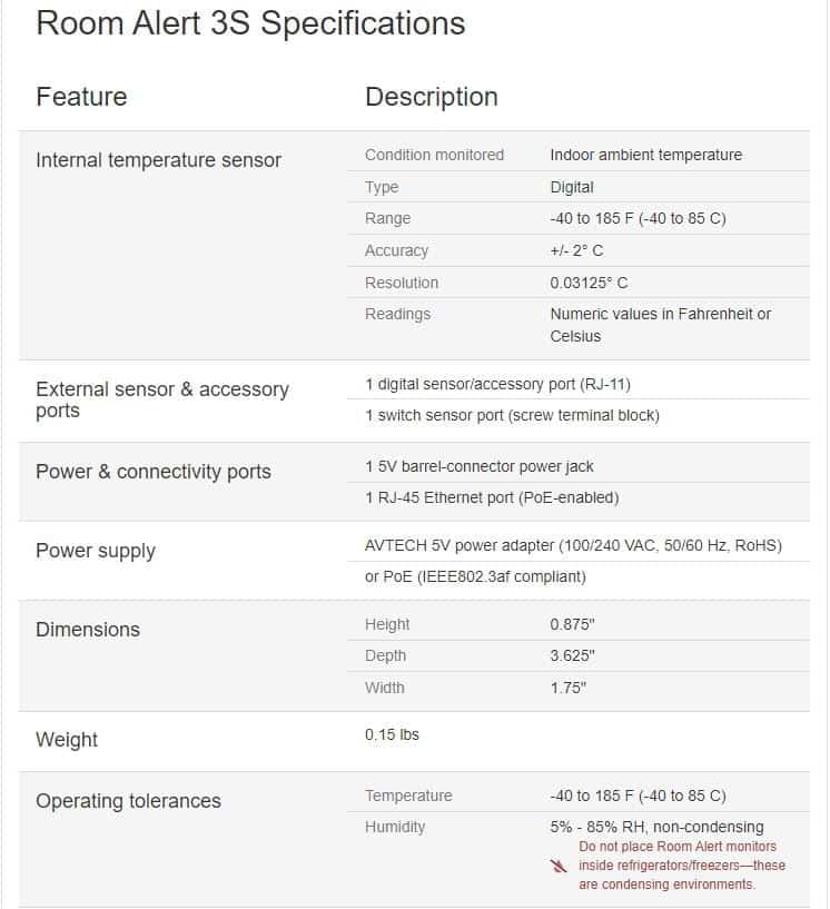 RA3S-ES0-BAS - Room Alert 3S Monitor - Avtech